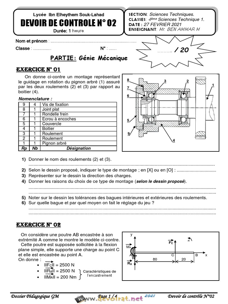 Devoir de Contrôle N°2 Avec Correction - Génie Mécanique - Bac ...