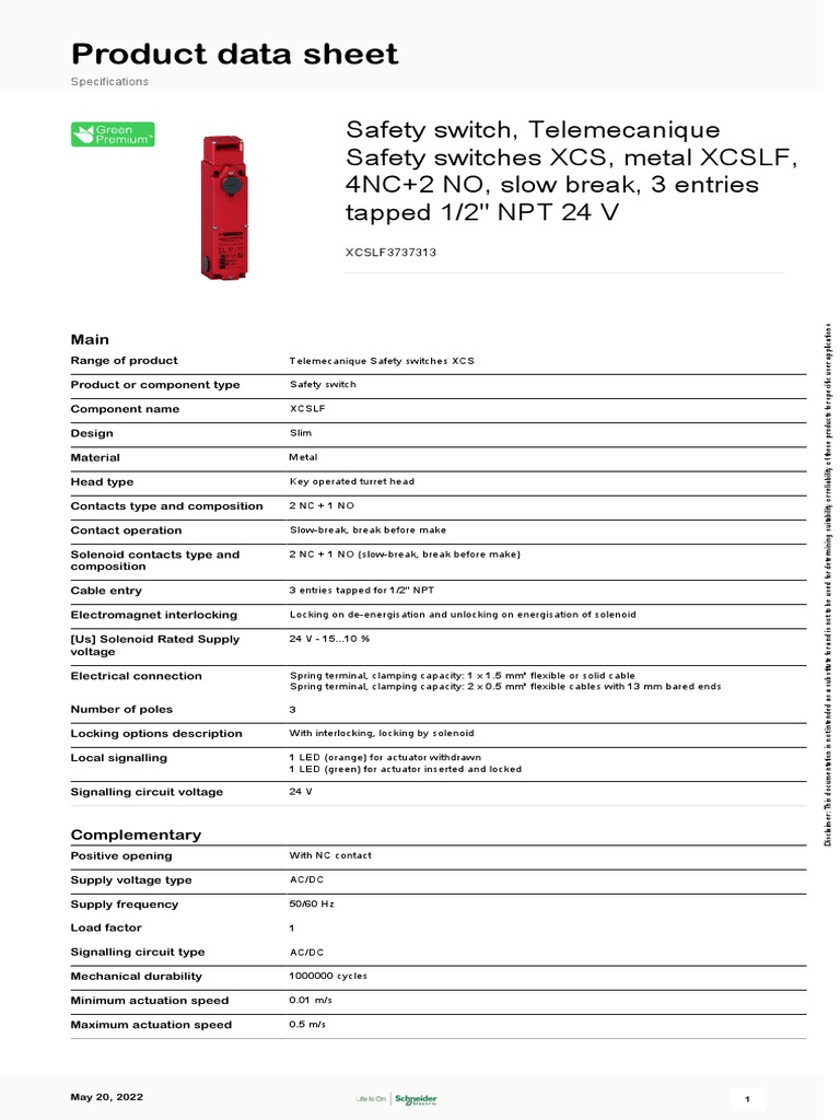 Preventa XCS - XCSLF3737313 | PDF | Switch | Electrical Engineering