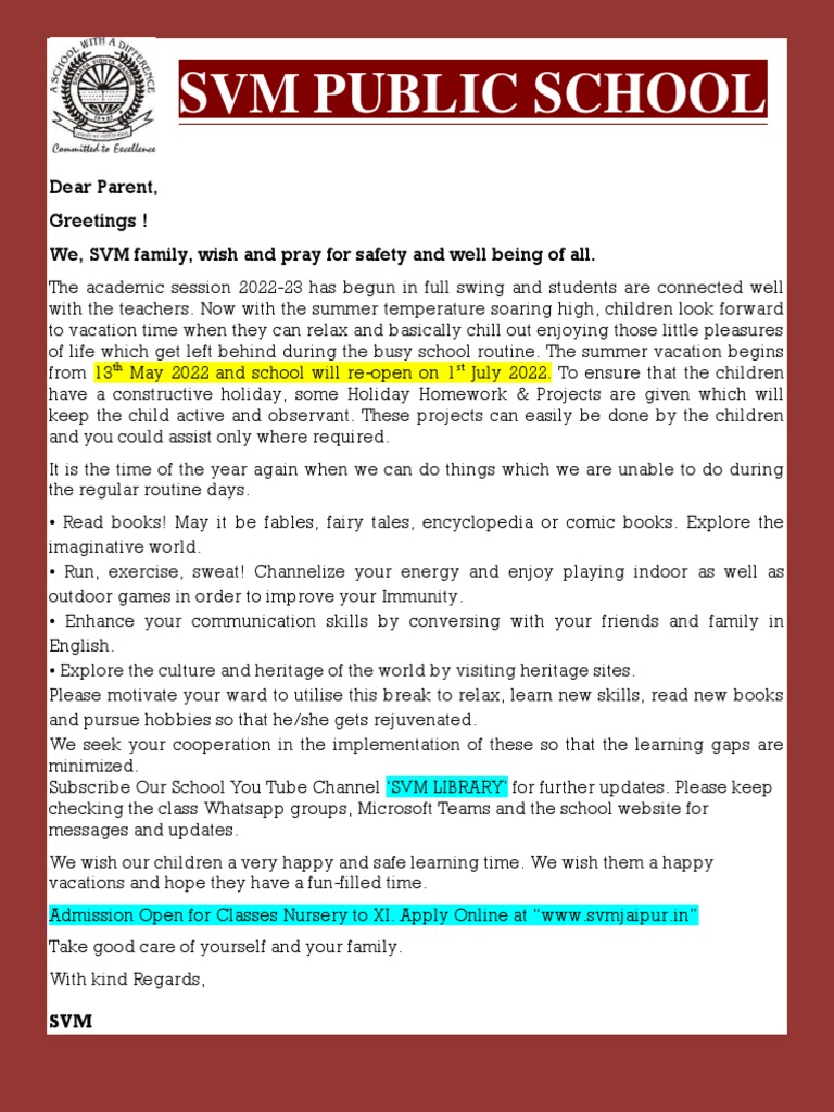 Summer Holidays Circular 2022-23 | PDF | Wellness