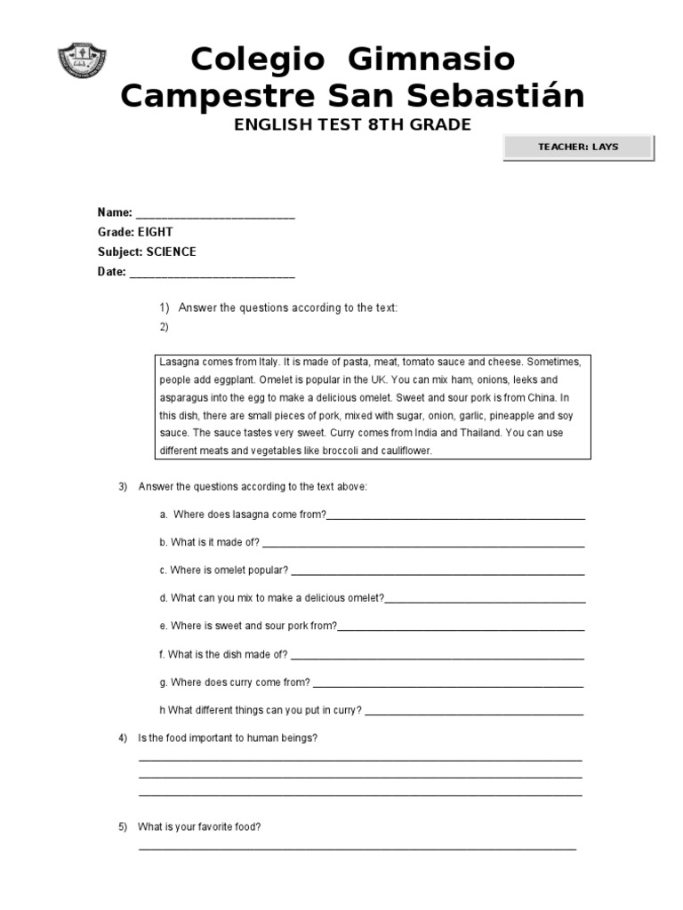 Colegio Gimnasio Campestre San Sebastián: English Test 8Th Grade | PDF