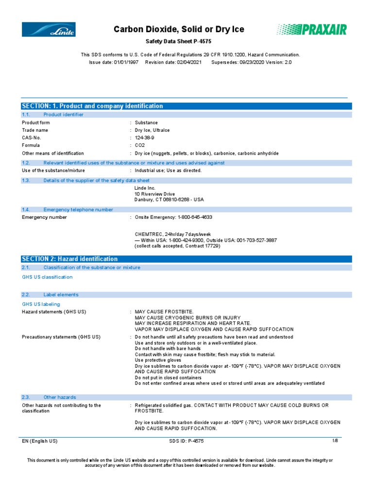 Carbon Dioxide, Solid or Dry Ice: SECTION: 1. Product and Company Identification | Download Free ...