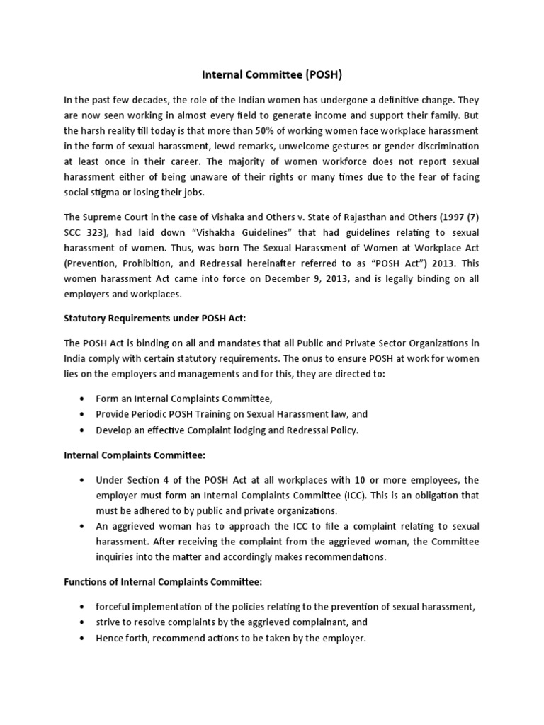 Internal Committee (POSH) : Statutory Requirements Under POSH Act | PDF ...