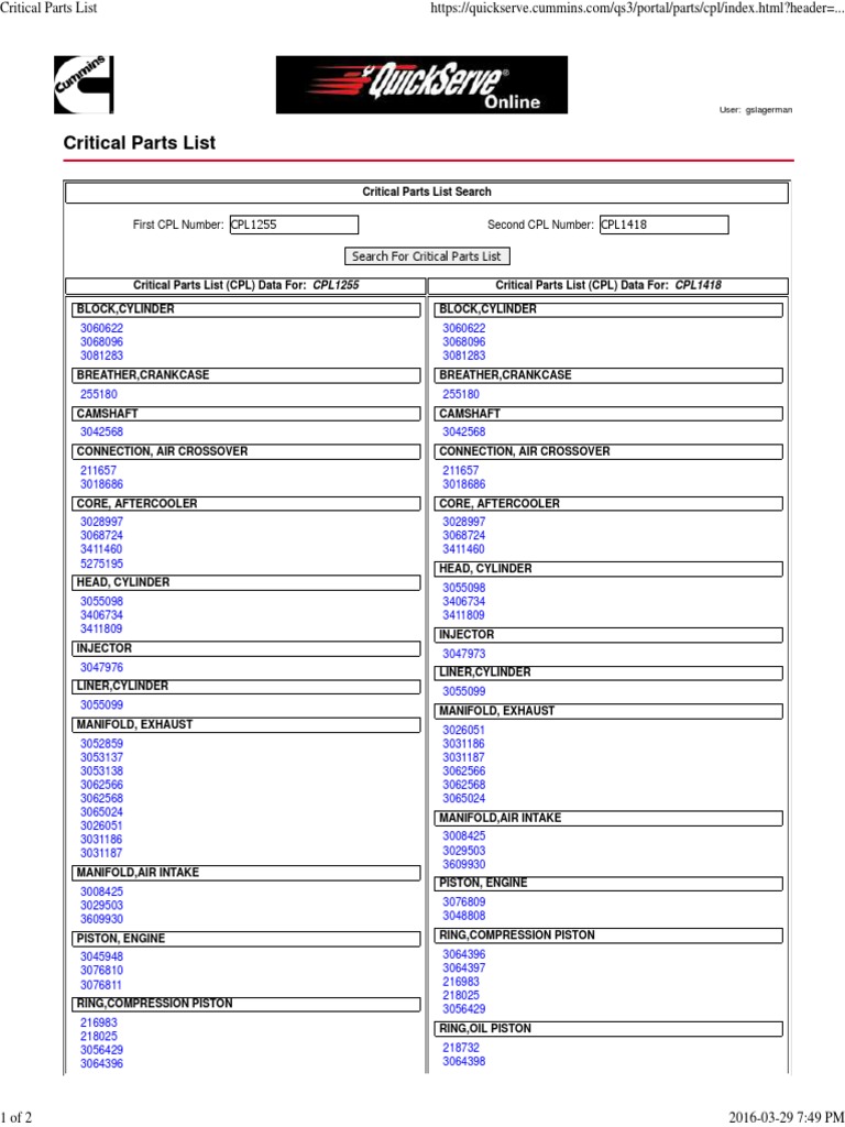 Critical Parts List 1255 Vs 1418 | PDF | Internal Combustion Engine ...