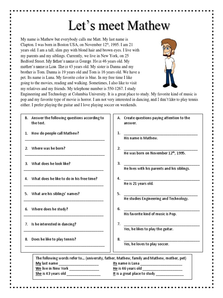 Lets Meet Mathew Personal Information Reading | PDF