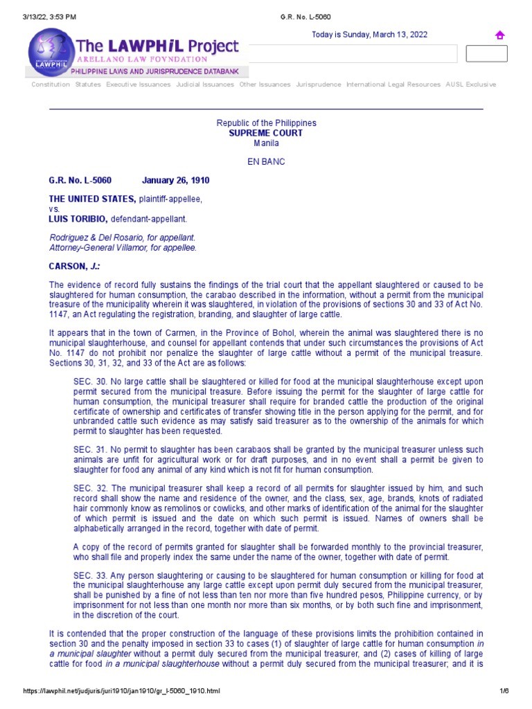US v. Toribio - 15 Phil. 85 | PDF | Eminent Domain | Animal Slaughter