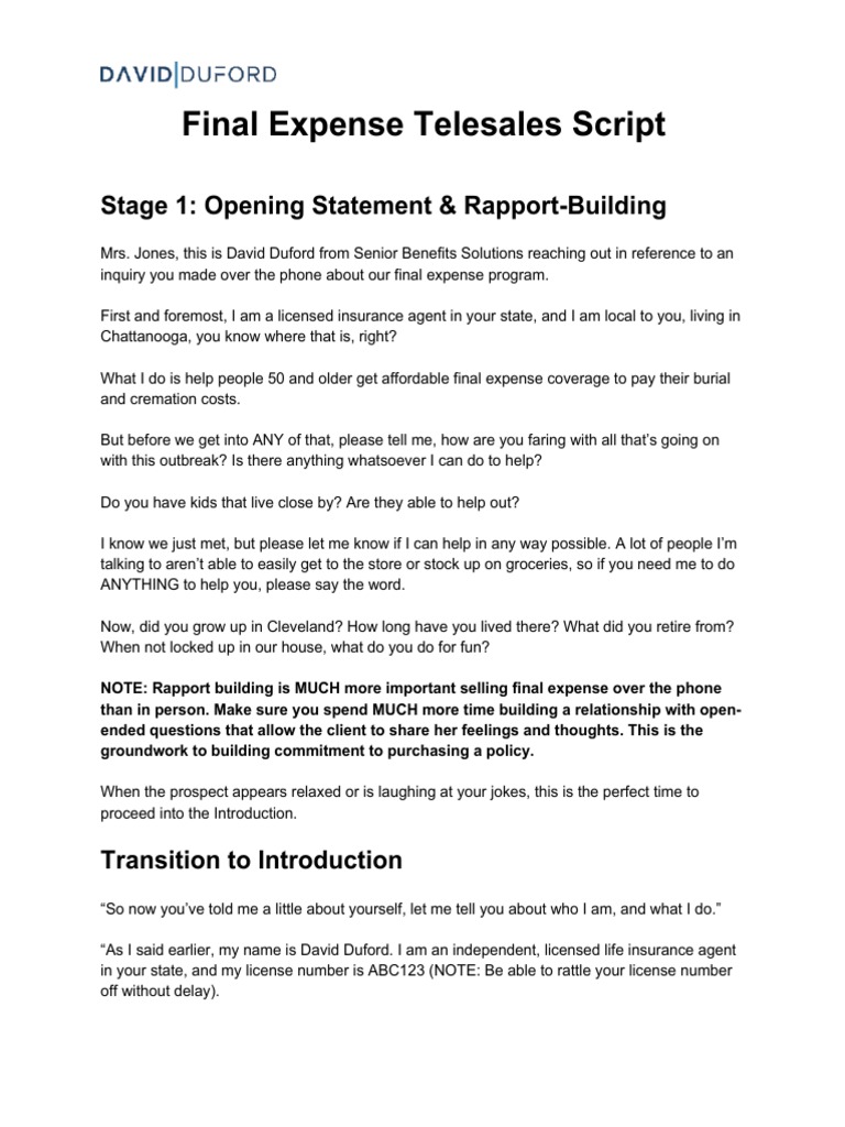 Final Expense Telesales Script: Stage 1: Opening Statement & Rapport ...