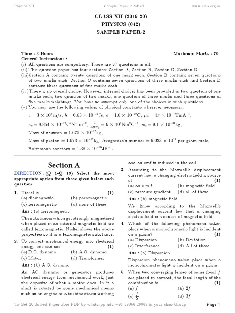 Section A: CLASS XII (2019-20) PHYSICS (042) Sample Paper-2 | PDF | Electromagnetic Induction ...