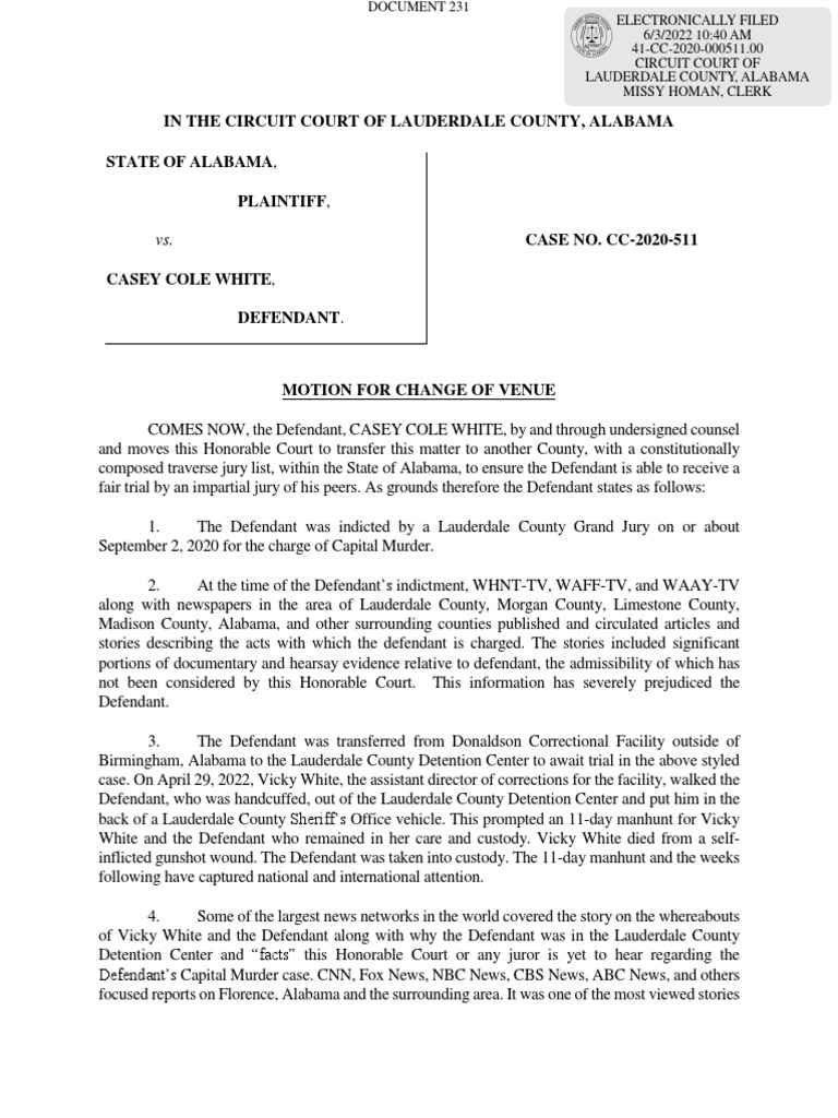 Casey White Change of Venue Motion | PDF | Public Law | Justice