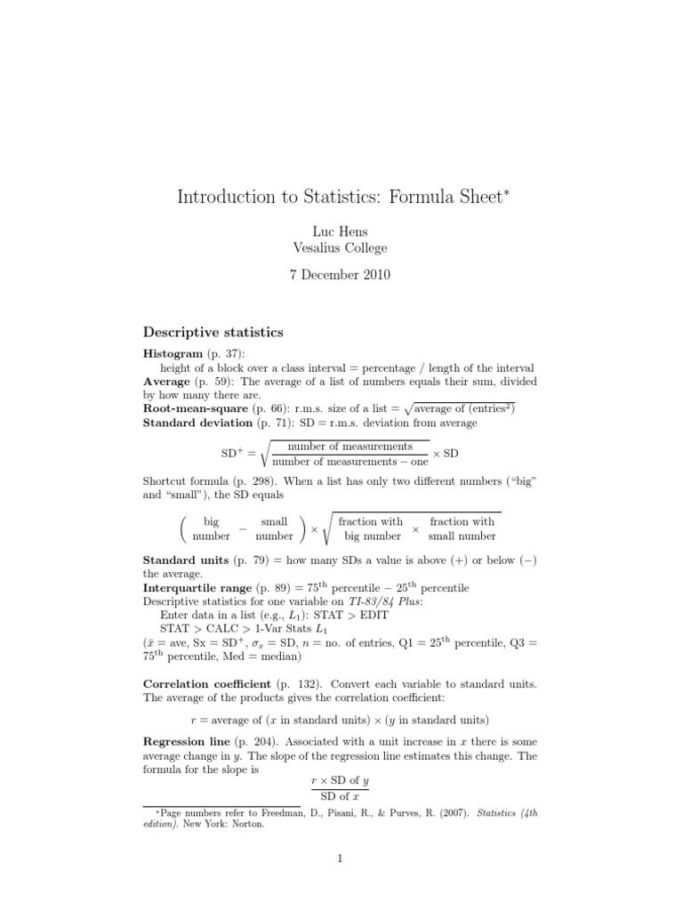 STA101 Formula Sheet | PDF | Standard Deviation | Student's T Test