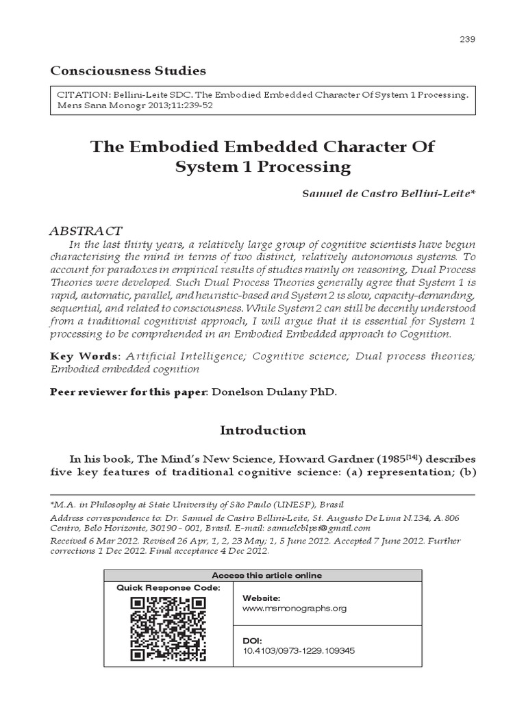 The Embodied Embedded Character of System 1 Processing: Consciousness Studies | Download Free ...