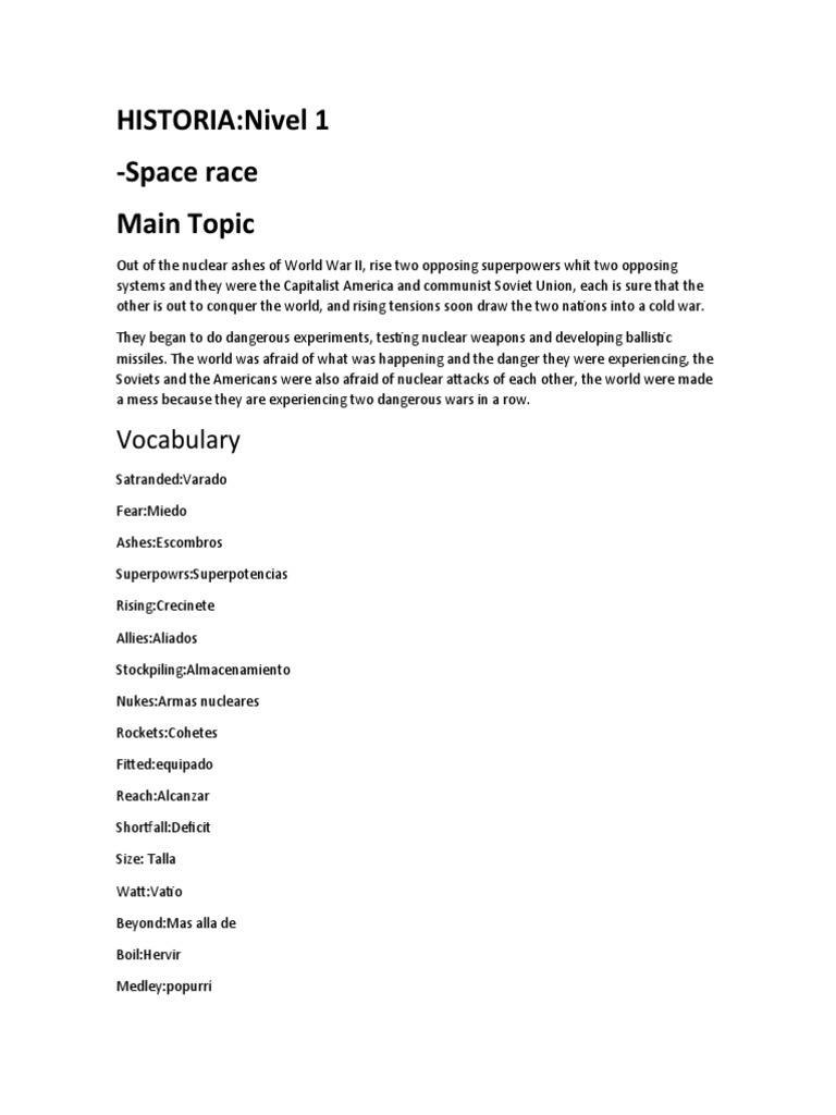 HISTORIA:Nivel 1 - Space Race Main Topic: Vocabulary | PDF
