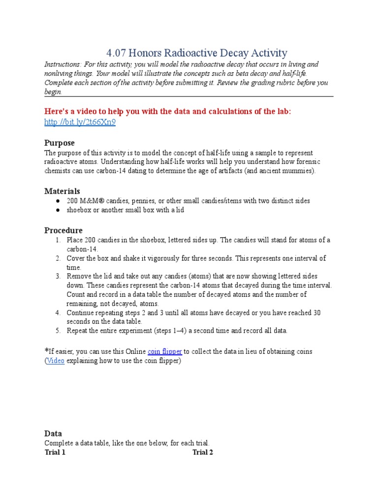 4.07 Honors Radioactivity Lab2.0 | PDF | Radioactive Decay | Atoms