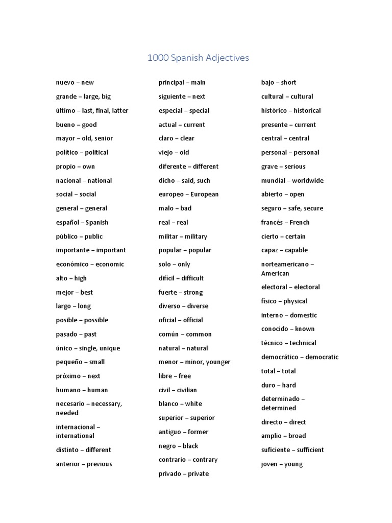 1000 Spanish Adjectives Pdf Lingüística Idiomas