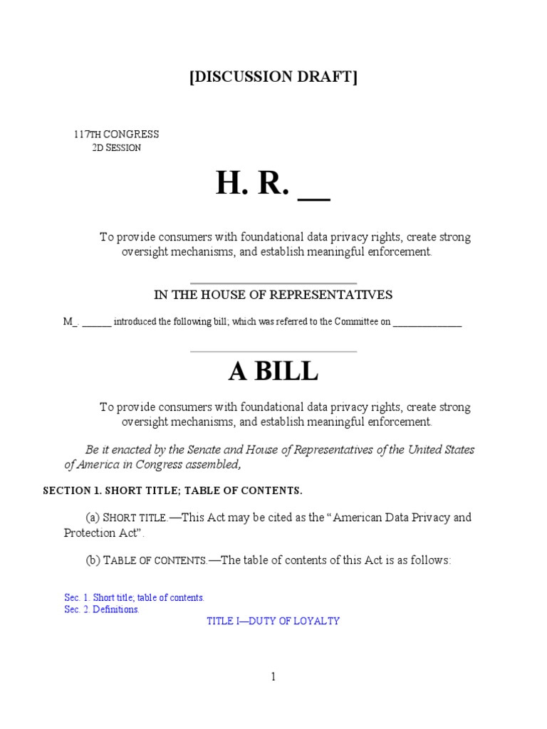 Discussion Draft of Comprehensive Data Privacy Bill | PDF | Privacy | U ...