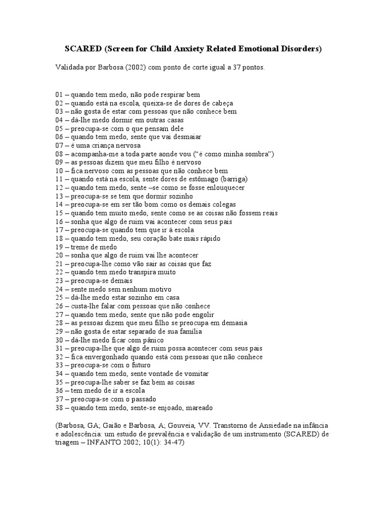 SCARED Screen For Child Anxiety Related Emotional Disorders | PDF | Autoajuda