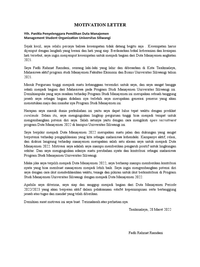 Surat Motivasi Fadli Rahmat Ramdani | PDF | Karier & Perkembangan | Bisnis