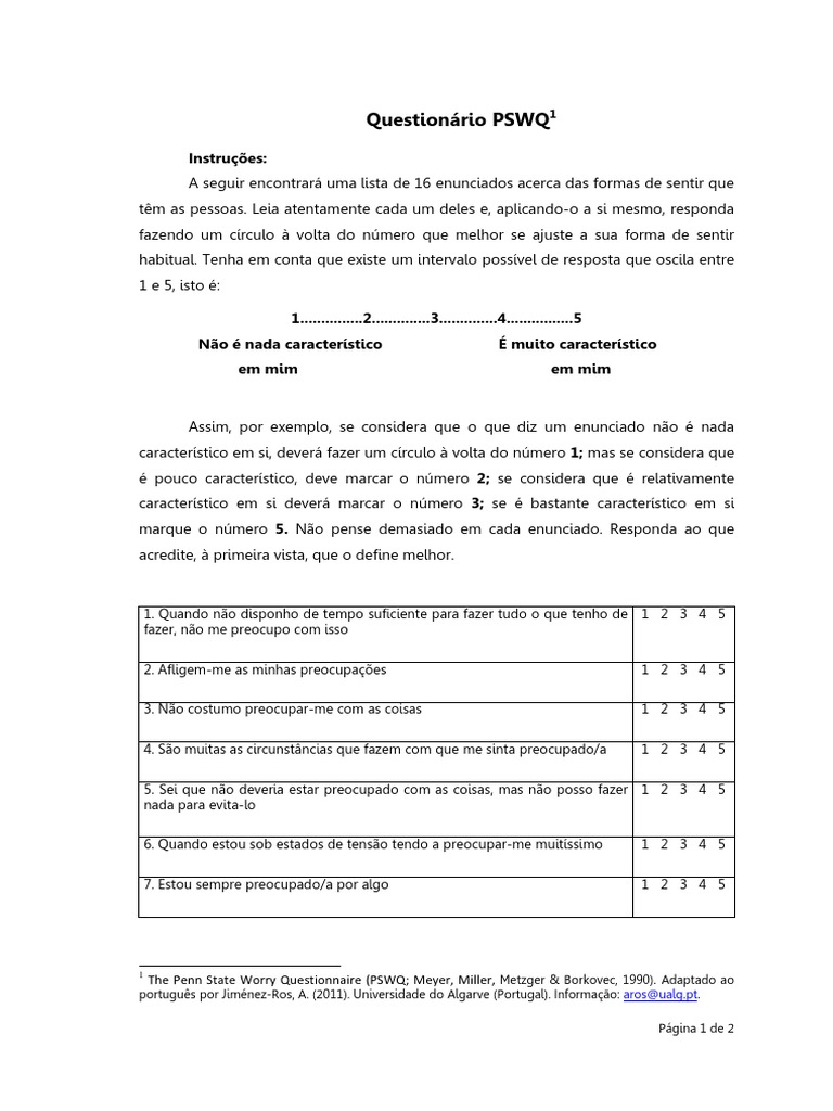 Penn State Worry Questionnaire | PDF