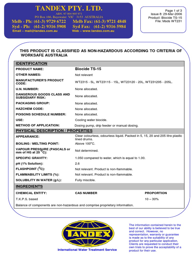 Msds BIOCIDE TS15 | PDF | Water | Ventilation (Architecture)