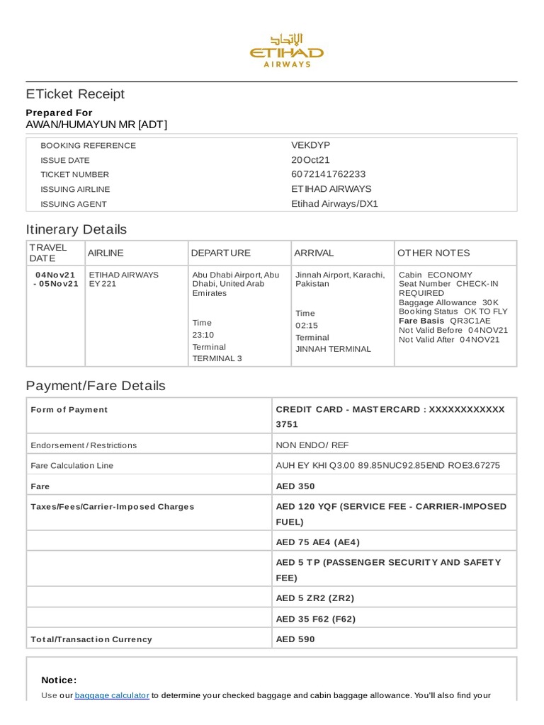 Electronic Ticket Receipt, November 04 For MR HUMAYUN AWAN | PDF ...