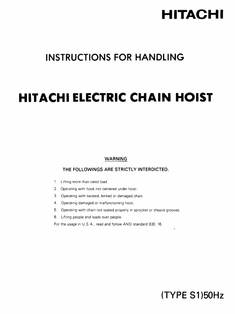Hitachi Instruction Manual S1 50HZ Hoists Series | PDF