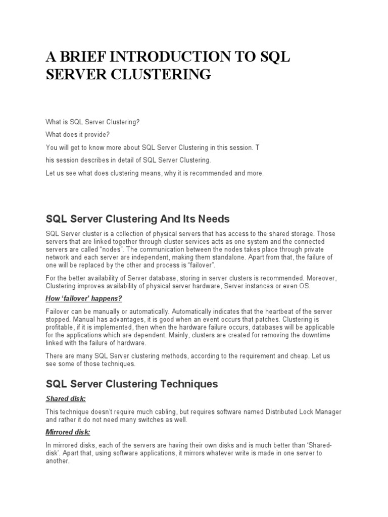 SQL Server Clustering | PDF | Computer Cluster | Microsoft Sql Server SQL Server Clustering | PDF | Computer Cluster | Microsoft Sql Server