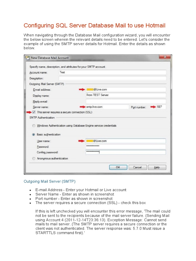 Configuring SQL Server Database Mail To Use Hotmail | PDF