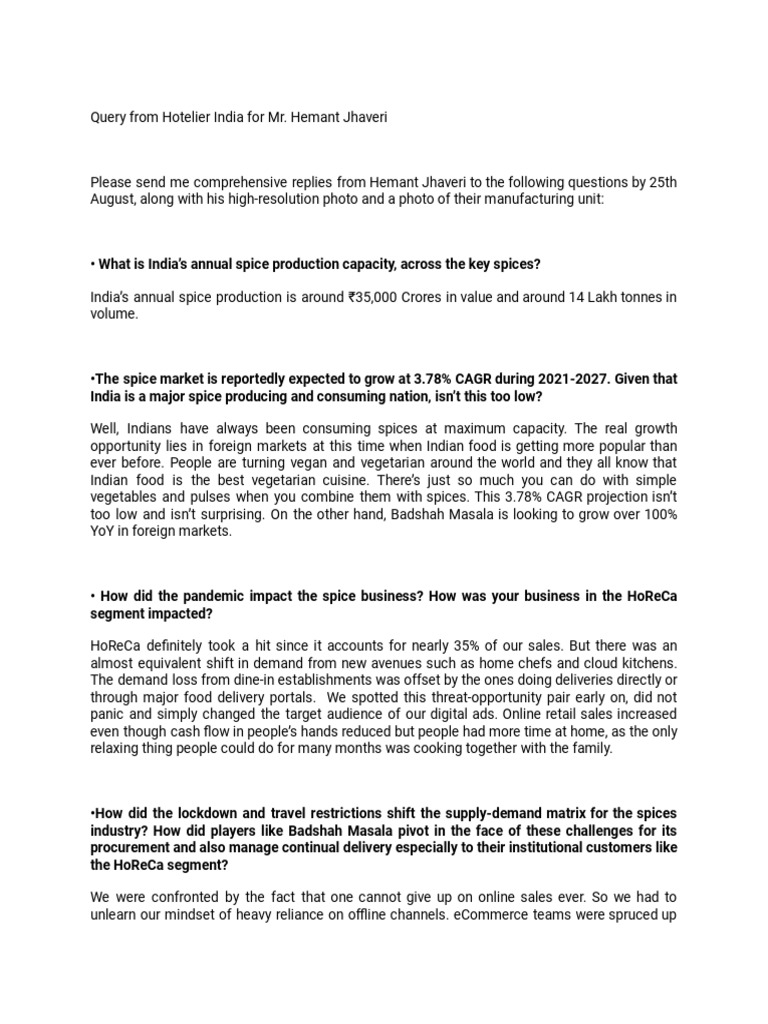 PR Questionnaire Written For Client - Query From Hotelier India For Mr ...