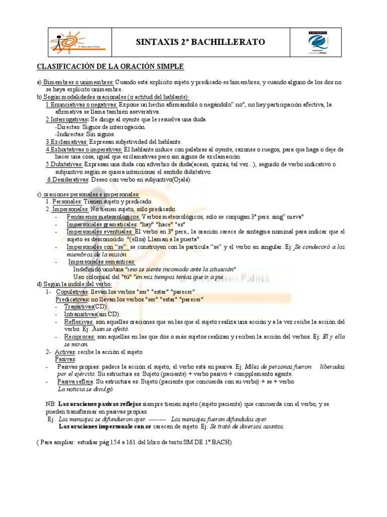 Sintaxis 2 Bach | PDF | Asunto (gramática) | Predicado (Gramática)