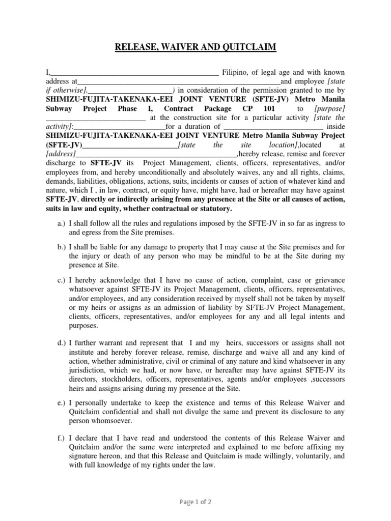 SFTE JV Quitclaim and Waiver Templatereviewed by Legal Dept 004 | PDF ...