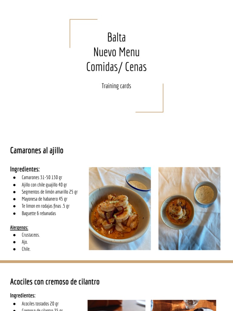 Menú Balta con platillos de mariscos, carnes y vegetales | PDF ...