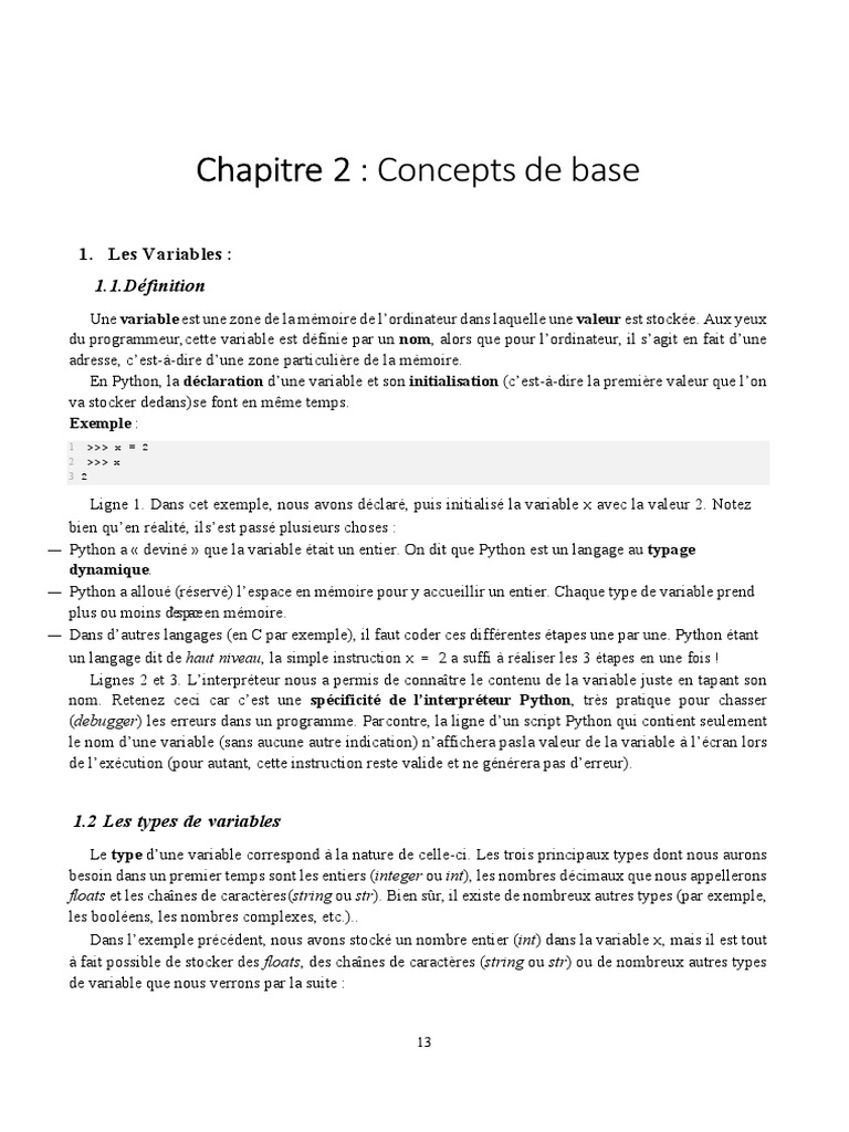 Chapitre 2 Concepts de Base | PDF | Variable (informatique) | Python ...