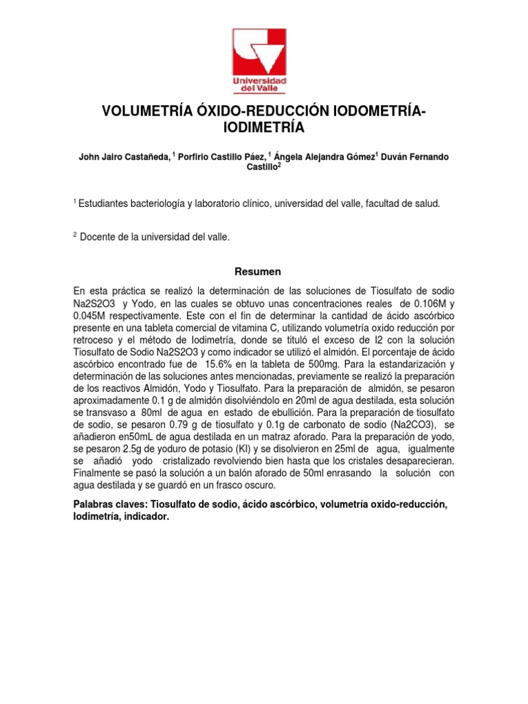 Informe Volumetria Oxido Reduccion Iodometria Iodimetria | PDF ...
