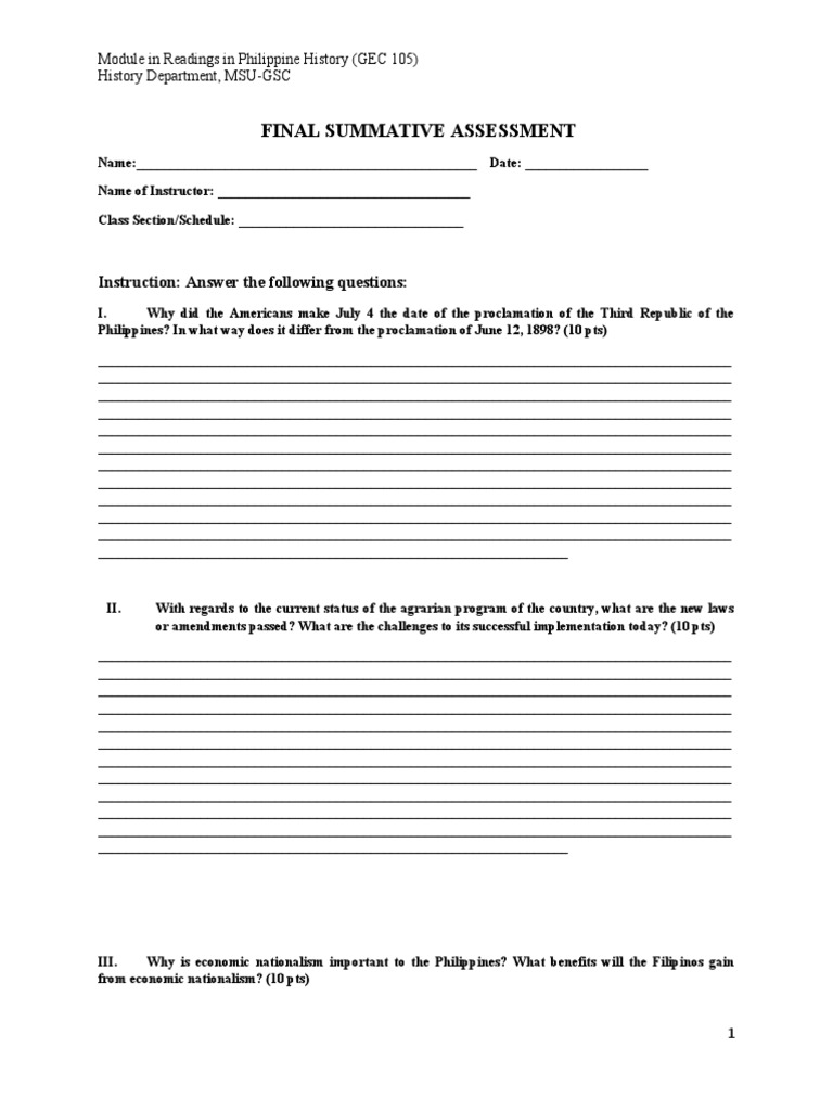 Final Summative Assessment: Instruction: Answer The Following Questions | PDF | Philippines ...