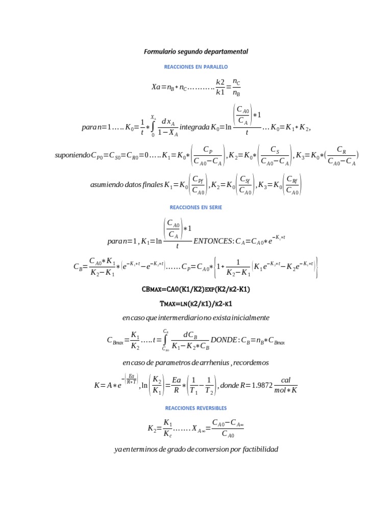 Formulario 2do Departamental Cinética y Reactores Homogéneos | PDF