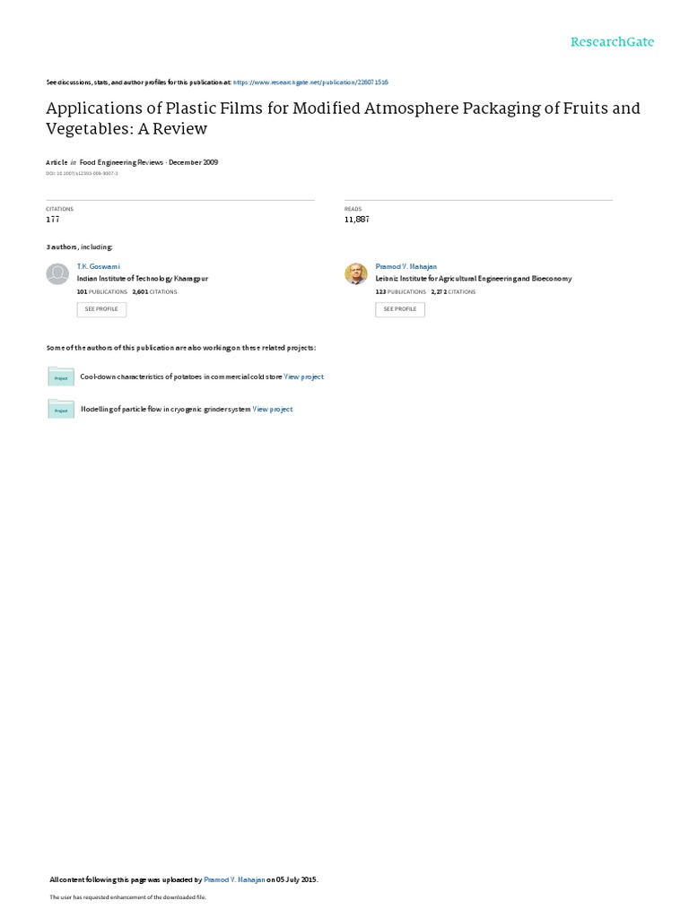 Applications of Plastic Films For Modified Atmosphere Packaging of ...