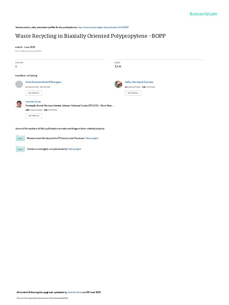 Waste Recycling in Biaxially Oriented Polypropylene - BOPP: June 2020 ...