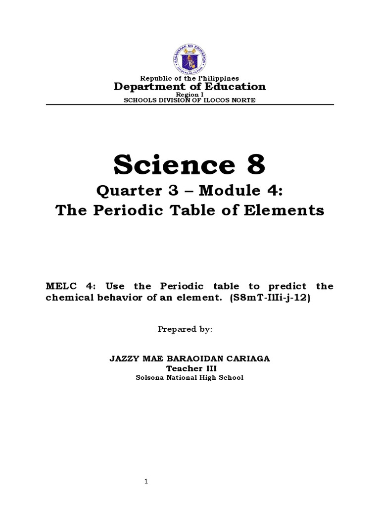 Science 8: Quarter 3 - Module 4: The Periodic Table of Elements | PDF ...