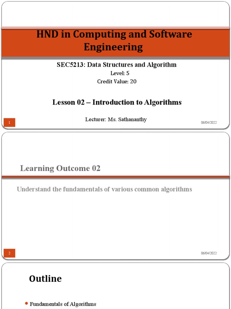 Hnd In Computing And Software Engineering Lesson 02 Introduction To Algorithms Pdf 2606