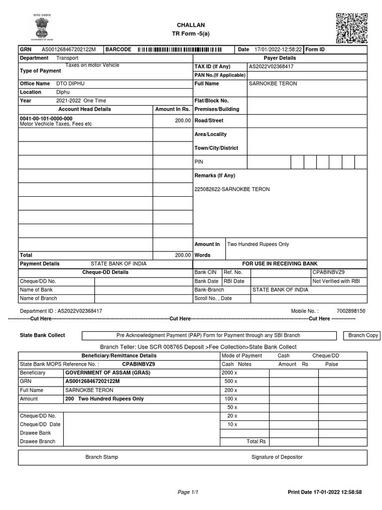 Challan TR Form - 5 (A) : PAN No. (If Applicable) | Download Free PDF ...