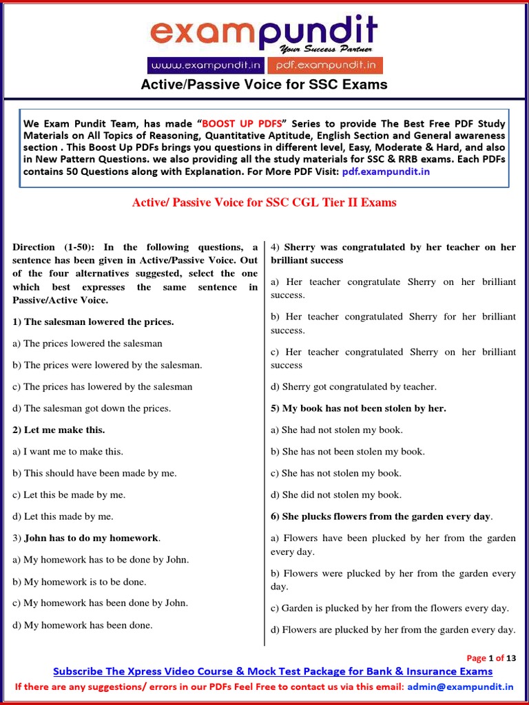 Active and Passive Voice Questions PDF For SSC Tier II Exams | PDF ...