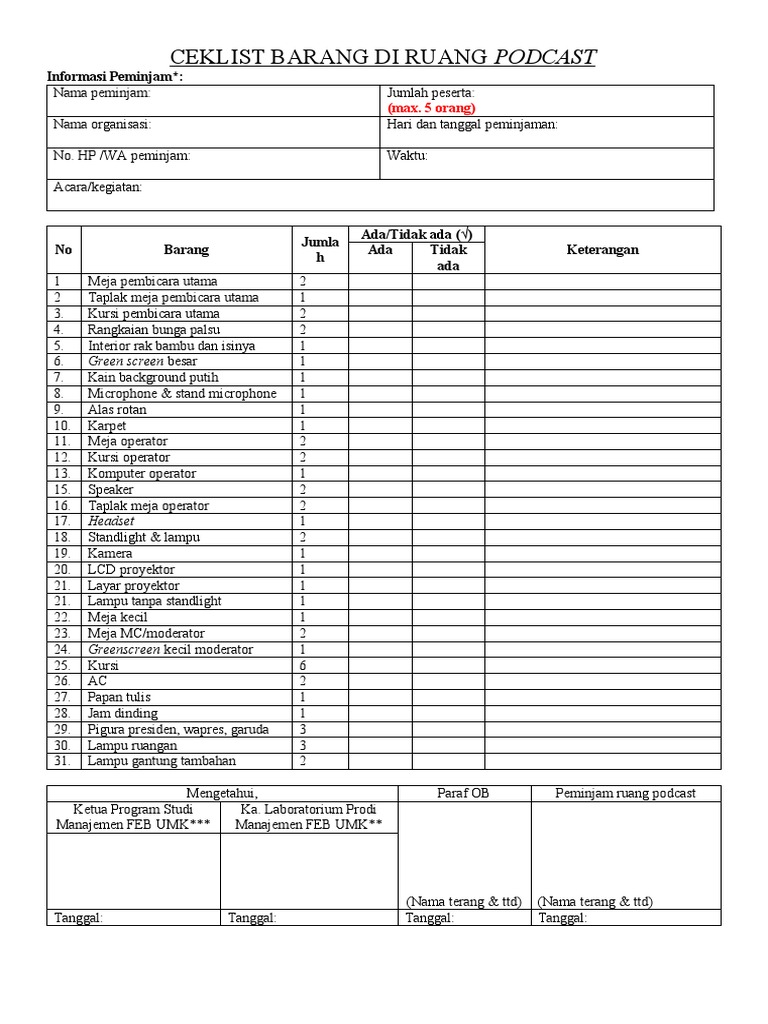 Form Ceklist Kelengkapan Ruang Podcast | PDF