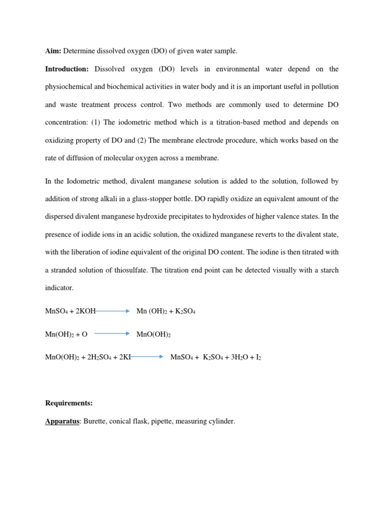Dissolved Oxygen Measurement by Titration | PDF | Chemistry | Titration