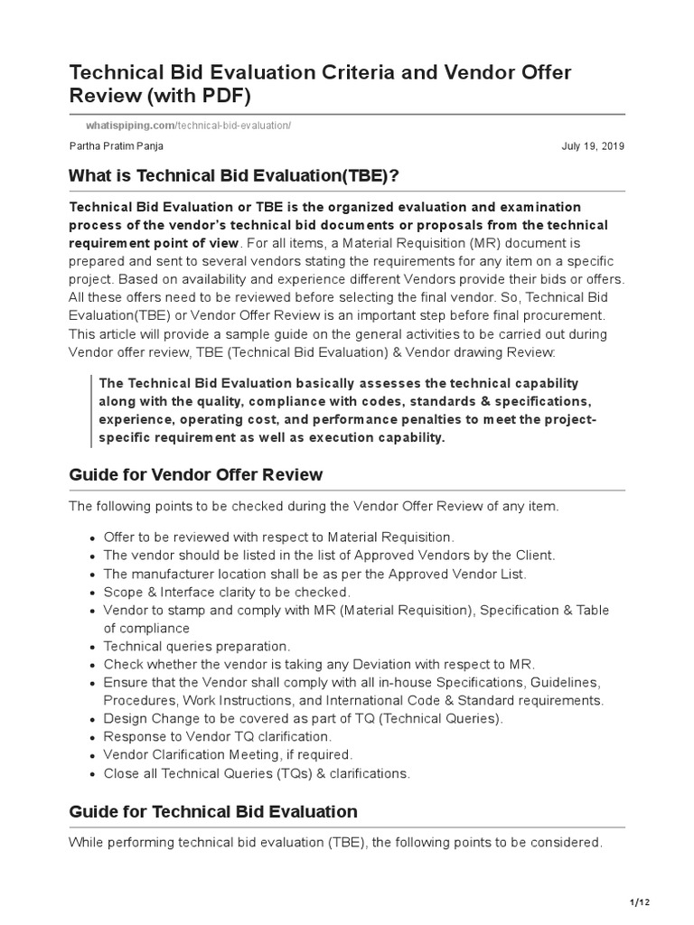 Technical Bid Evaluation Criteria and Vendor Offer Review With PDF ...