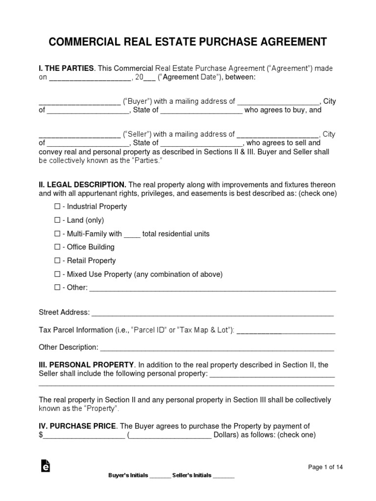 Commercial Real Estate Purchase Agreement: Buyer's Initials - Seller's ...