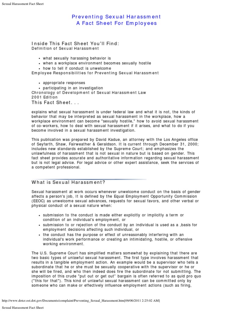 Sexual Harassment Fact Sheet | PDF | Hostile Work Environment | Sexual ...