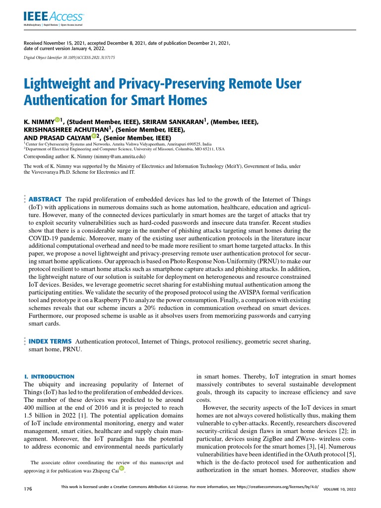 Lightweight and Privacy-Preserving Remote User Authentication For Smart Homes | PDF | Internet ...