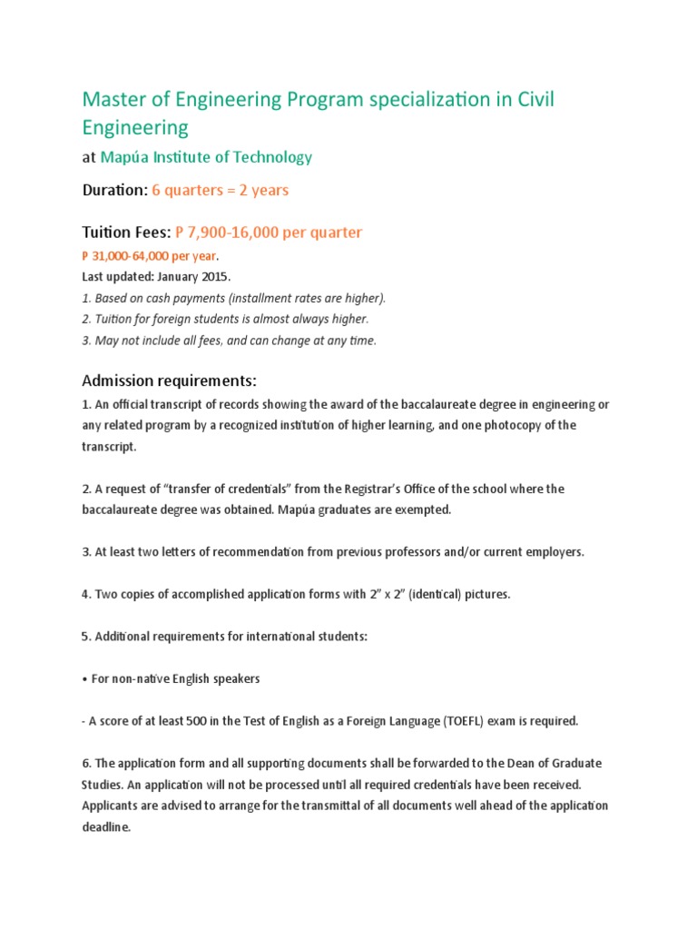 Master of Engineering Program Specialization in Civil Engineering | PDF