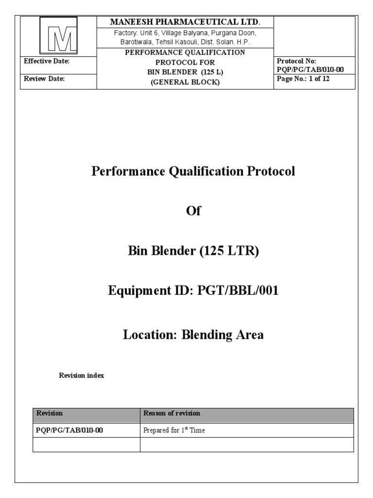 Performance Qualification Protocol for a 125 Liter Bin Blender | PDF ...