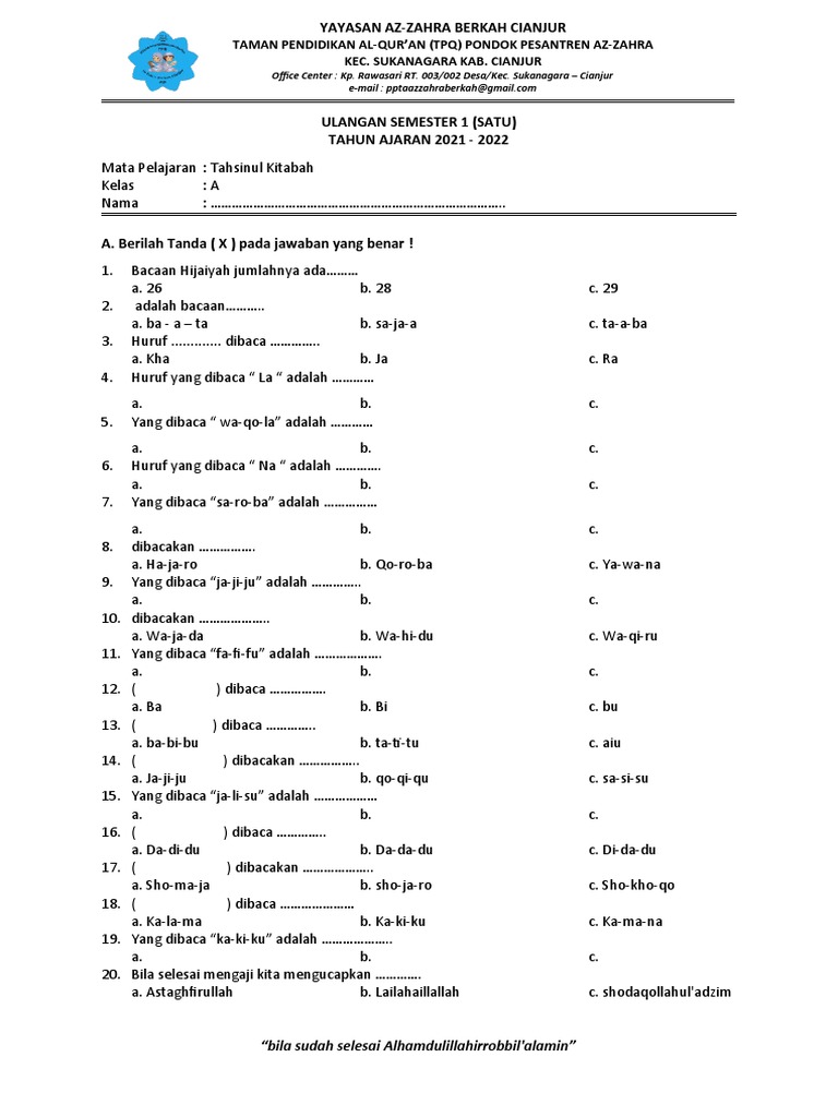 Soal Ujian Tahsinul Kitabah | PDF