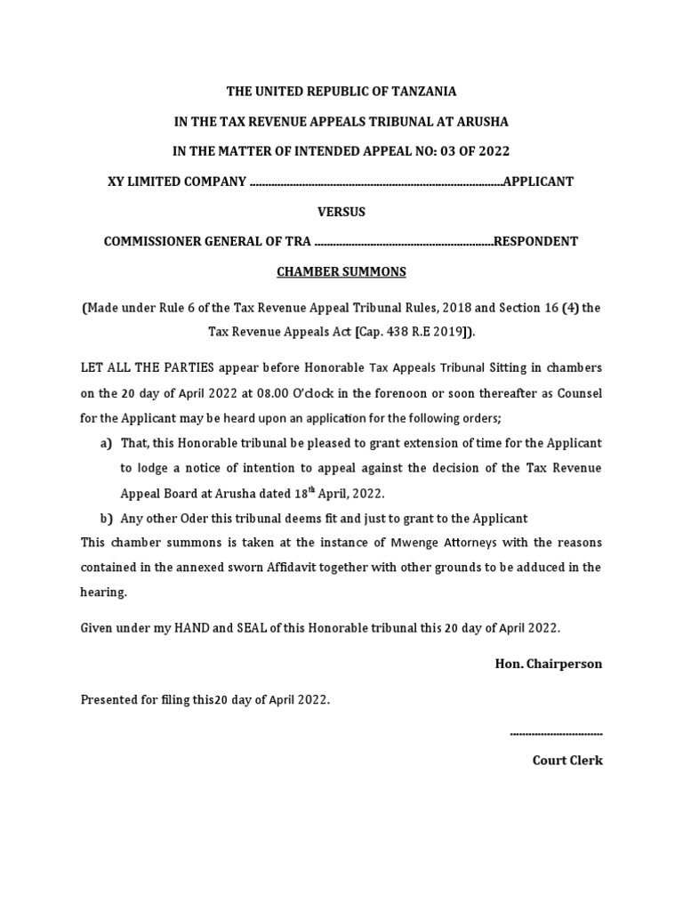 Sample of Tax Chamber Summons and Affidavit in Tanzania. | PDF ...